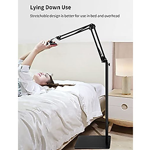 Tablet Floor Stand with Double Weight Base, Overhead Bed Phone Mount Height Adjustable Arm Stretchable Stand Holder, Compatible with iPad Mini Air Pro, Galaxy Tab, Kindle, Switch, Cell Phones-Black