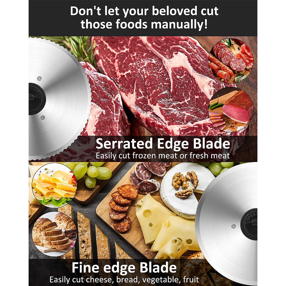 TOKASS Meat Slicer, 200W Electric Slicer For Home Use with 2pcs 7.5'' Stainless Steel Blades, Electric Deli food Slicer, Adjustable Thickness for Meat, Cheese, Bread, Easy Clean (200W-Bright Silver)