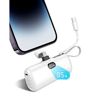 Aimenzunto Small Portable Charger, 5000mAh Lightning & USB C Dual Output Power Bank, LED Display Battery Pack Fast Charging for iPhone 14/13/12/11 Samsung S22/S21 Google Pixel Moto LG and More, White