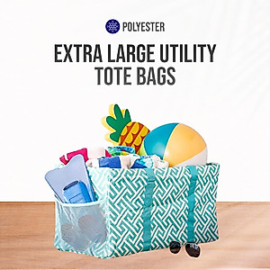 Lucazzi Extra Large Utility Tote Bag - Oversized Collapsible Reusable Wire Frame Rectangular Canvas Basket With Two Exterior Pockets For Beach, Pool, Laundry, Car Trunk, Storage - Geometric Teal