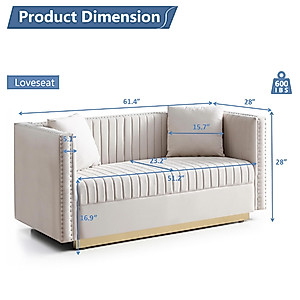 Nestglow Modern Vertical Channel Tufted Sofa Couch, 61.4‘’ Velvet Loveseat Sofa, Luxury 2-seat Comfy Couch with 2 Pillows and Gold Metal Legs for Living Room, Bedroom, Apartment, Beige