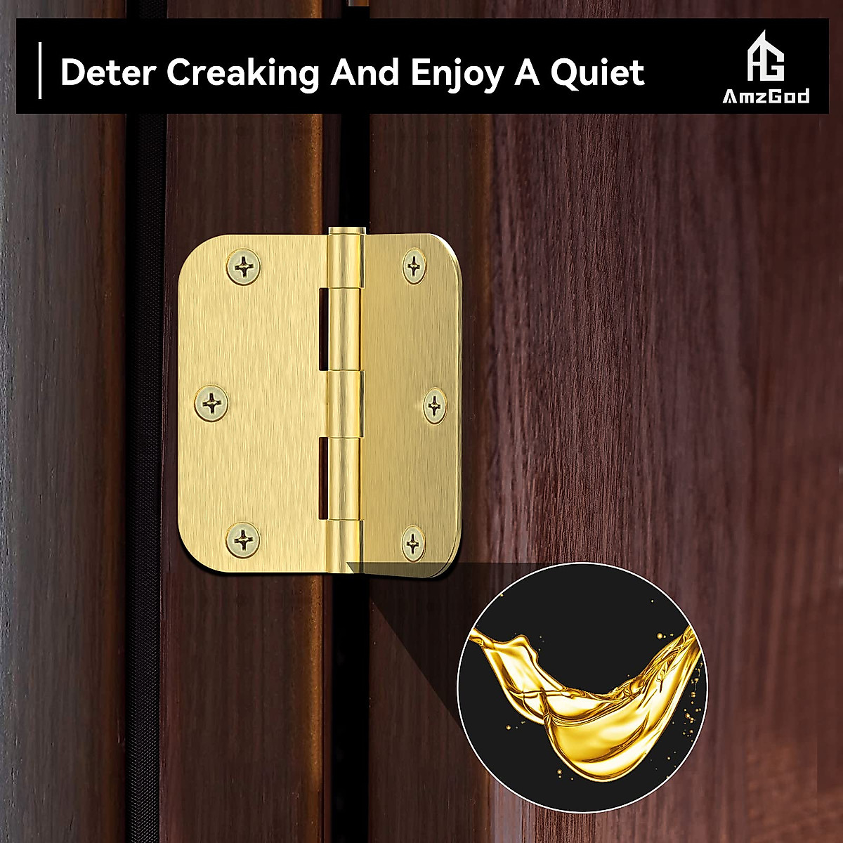 AmzGod Door Hinges Satin Brass - 12 Pack Gold Door Hinges 3.5 Inch Rounded Interior Door Hinges with 5/8" Radius - 3 1/2 Inches Flat Iron Brass Hinges for Residential Standard Doors