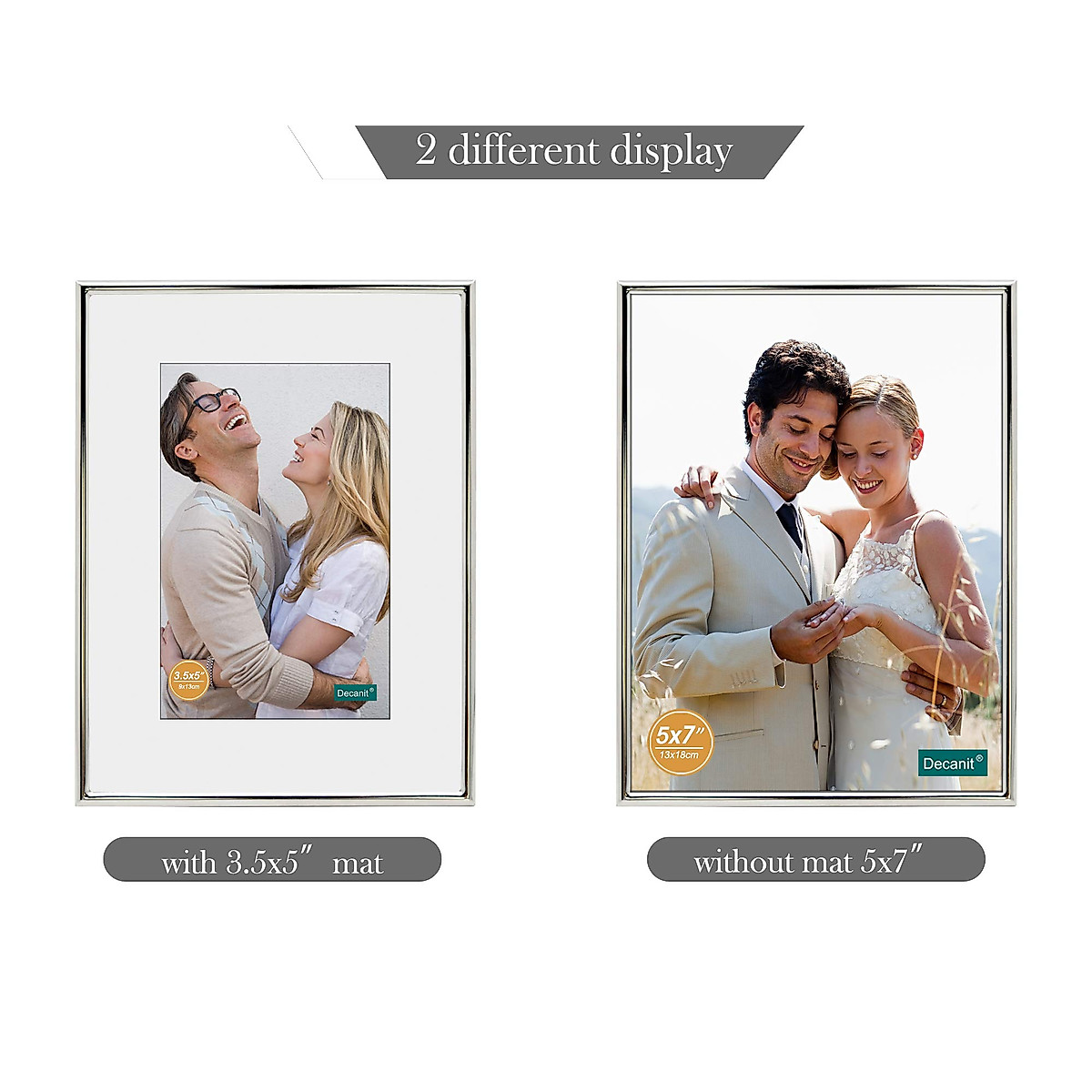 DECANIT 5x7 Picture Frame Set - Silver Metal Thin Frames for Wall or Tabletop Display of 3.5x5 Photos with Mat or 5x7 Without Mat - Gallery Wall Kit-6Pack