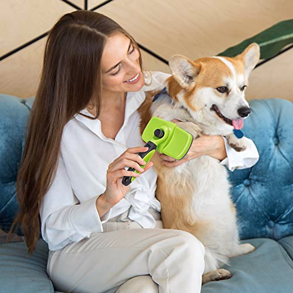 Rexipets Self Cleaning Slicker Brush- for Dogs, Cats & Pets-One Click Cleaning Function-Gentle & Effective Cat, Pet & Dog Hair Remover-Dog Grooming Accessories for Small, Medium & Large Dogs
