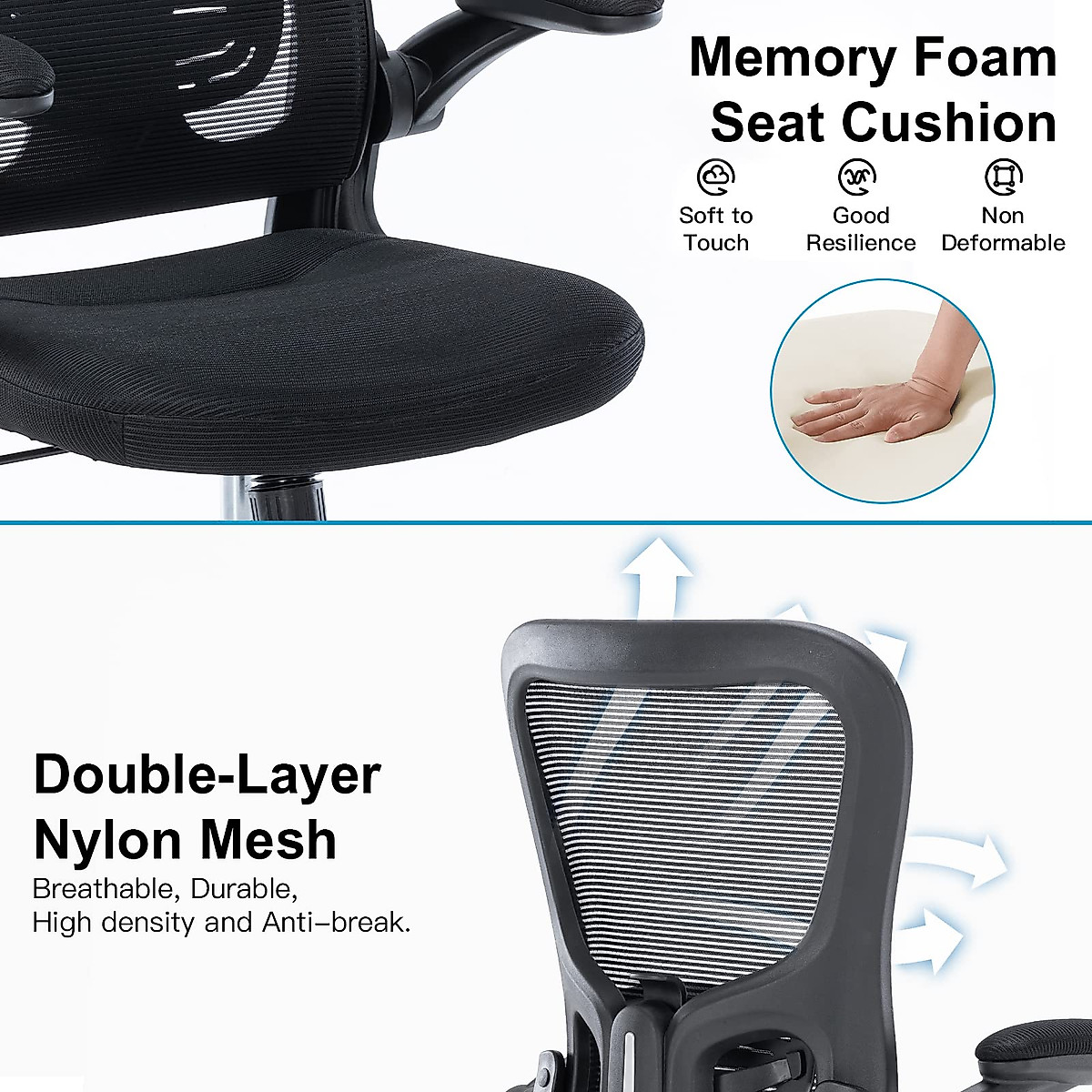 Hramk Ergonomic Office Drafting Desk Chair with Flip up Arms, Mesh Back Tall Office Chair with Adjustable Lumbar Support and Foot Ring (Metal Wheelbase, Black)