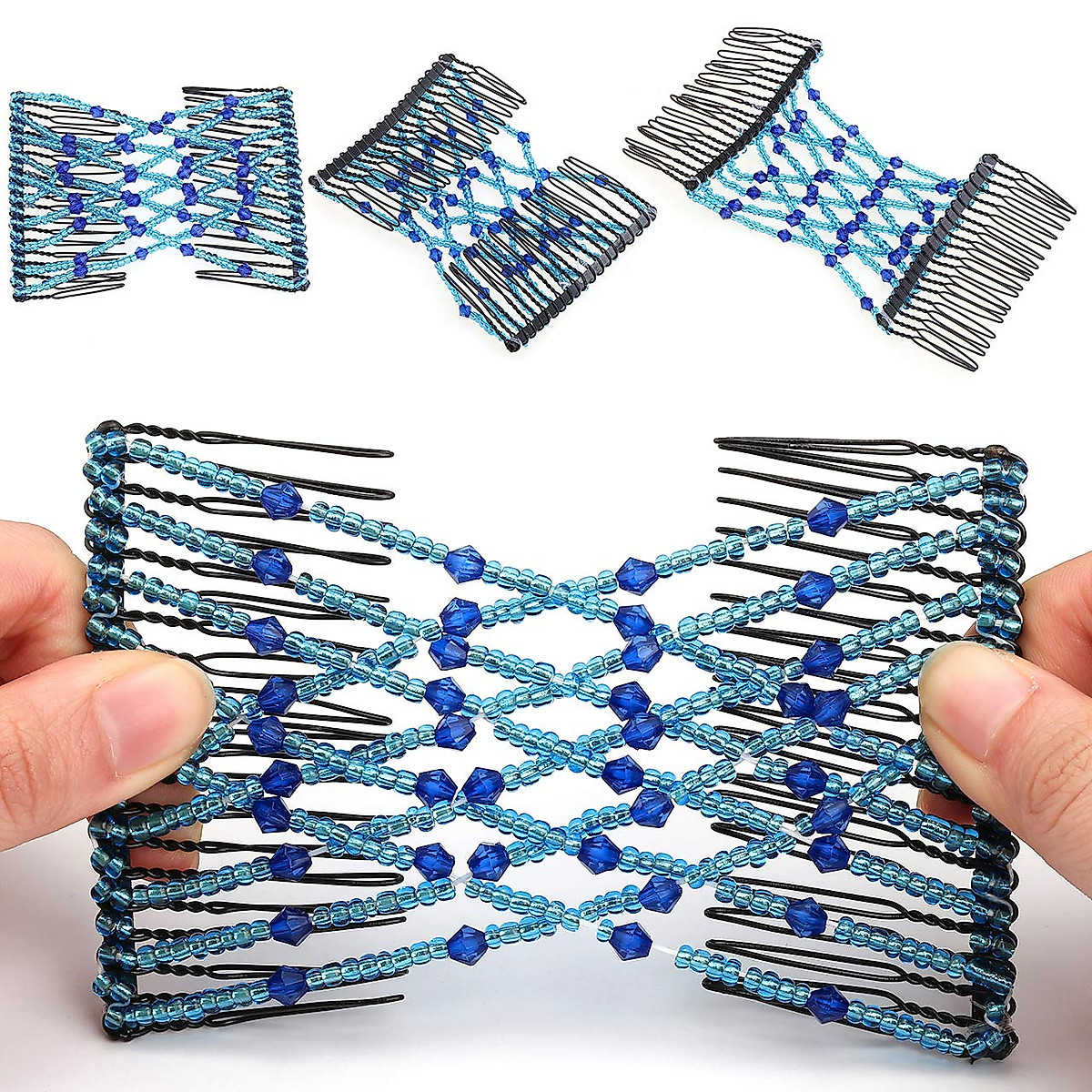 CCbeauty 6 Pcs Magic Hair Comb Elastic Beaded Hair Clips Women Decorative Accessories,Bride Double Slides Stretching Hairpins Combs for Ladies Girls Popular Hairstyles