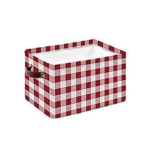 Farmhouse Buffalo Plaid Retro Red Pink White Cube Storage Organizer Bins with Handles, 15x11x9.5 Inch Collapsible Canvas Cloth Fabric Storage Basket, Books Kids' Toys Bin Boxes for Shelves, Closet