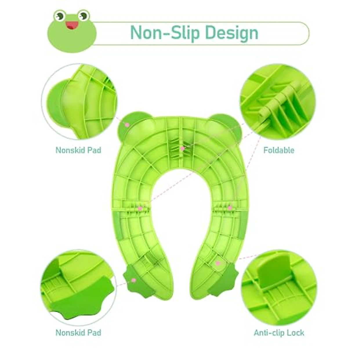 Pejoye Foldable Potty Toilet Training Seat, Travel Portable Toilet Seat Toddler, Folding Potty Training Seat for Kids with 6 Anti Slip Silicone Pads and 1 Carry Bag, Green Frog