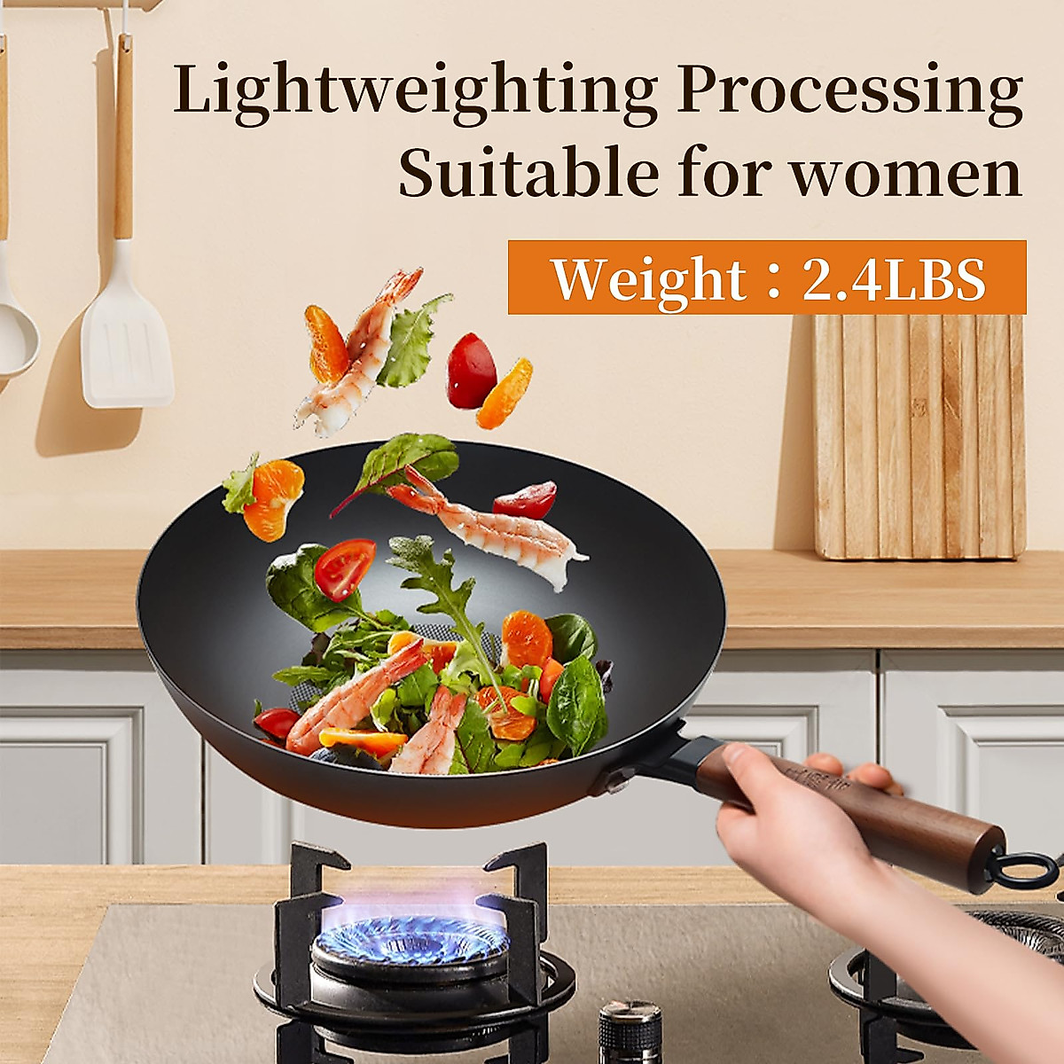 WANGYUANJI Iron Wok 12.6 inches,Wooden Handle Chinese Iron Pot Carbon Steel Wok Non-Coated Stir Fry Pan,Suitable for Home Cooking, Compatible with Induction, Gas, and Electric Ceramic Cooktops