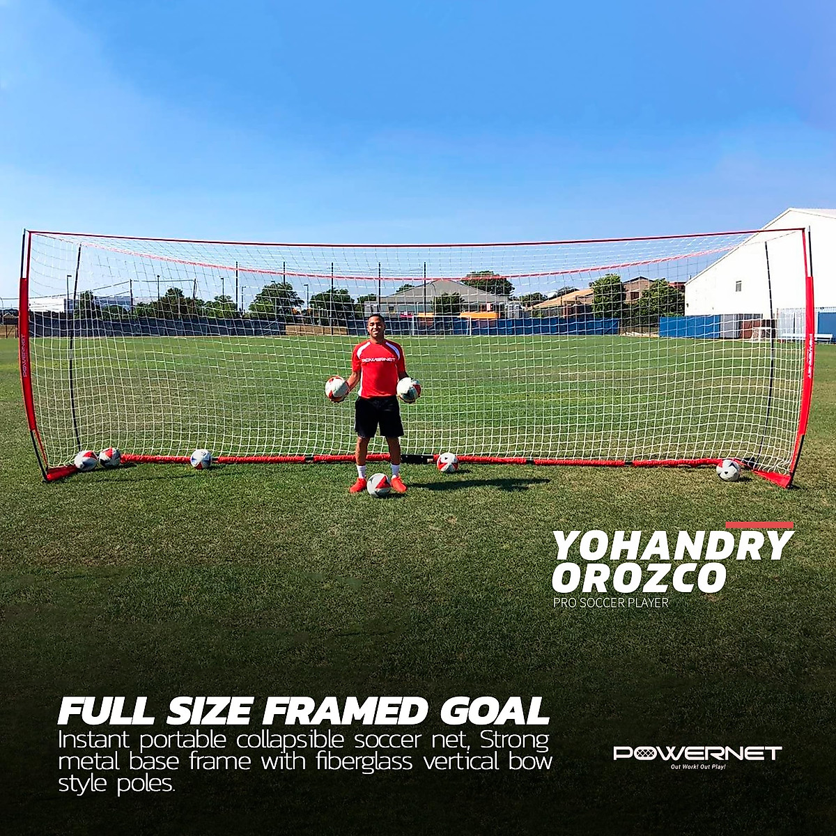 PowerNet Carli Lloyd Soccer Goal 24 x 8 | Regulation Goal Size | Portable Instant Net | Collapsible Metal Base | Quick Setup Easy Storage | 1 Goal+1 Wheeled Carrying Bag | Full Size