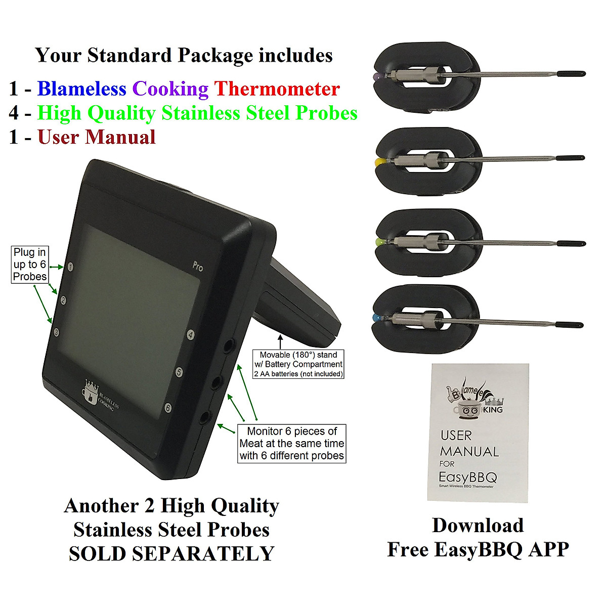 Best Digital Meat Thermometer, Max 6-Probe Smart Bluetooth Wireless Remote Thermometer 300 Feet Away w/Phone APP Alarm/Timer, 4 Stainless Steel Probes for Kitchen Oven, BBQ Grill, Smoker