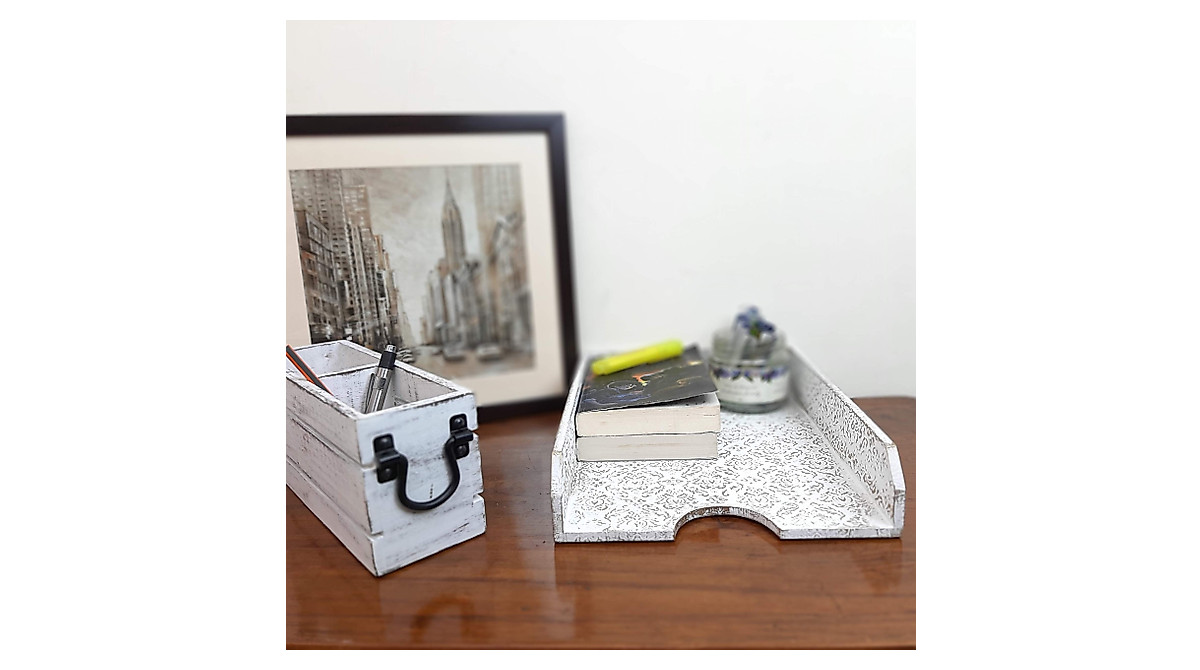 SAVON White Wood Silverware Holder Caddy | Rustic Home Organizer