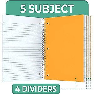 Rosmonde 5 Subject Spiral Notebook College Ruled, 6 Pack, 300 Pages (150 Sheets), 8" x 10-1/2", School & Office Note Books, Sturdy Spiral Bound, Soft Cover, Assorted Fun Colors, 5 Subject Notebooks
