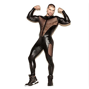 Men's Sexy Latex Lace Catsuit Patent Leather Jumpsuit Full Body Bodysuit Wet Look Zipper Nightclub Stage Costume Black (L)