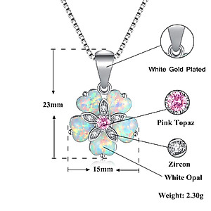 CiNily Flower Opal Pendant Necklace Box Chain 18K White Gold Plated Pink Topaz Zircon Opal Jewelry for Women, Gemstone Necklaces Lovers Birthday Friendship Jewelry