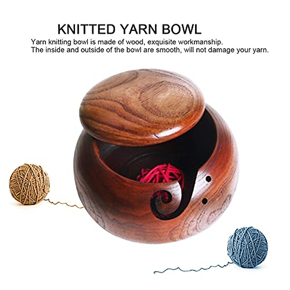 LEMCC Wooden Yarn Bowl with Lid Handmade Knitting Wool Storage Basket with Holes Crocheting Accessories Kit Organizer for Mothers Day and Christmas Gift, Medium