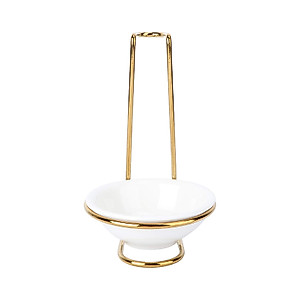 Zerodeko 1 Set Standing Spoon Rest, Upright White Ceramic Single Ladle Cooking Utensil Holder, Vertical Drip Catcher Dish with Stainless Steel Stand for Kitchen Counter