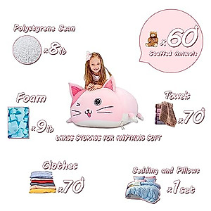 Anzitinlan Cute Cat Bean Bag Chair for Kids, Pink Stuffed Animal Storage Beanbag Chairs for Girls Room Decor, Extra Large Size, Velvet Super Soft Cover Only
