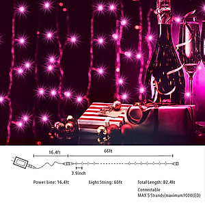 200 LED Pink Outdoor String Lights, 66 FT Valentine Fairy Lights with 8 Modes Clear Wire, Pink Romantic Twinkle Christmas Lights Waterproof for Room Wedding Girls Birthday Party Gifts Indoor Decor