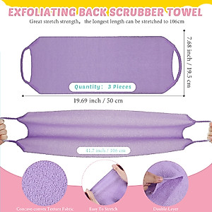 4 Pack Exfoliating Shower Bath Gloves Back Scrubber Set, 2 Exfoliating Body Scrubber Nylon Back Washer, 2 Pairs Scrub Gloves for Women Men Children Skin, Stretchable Pull Strap Washcloth, Pink, Purple