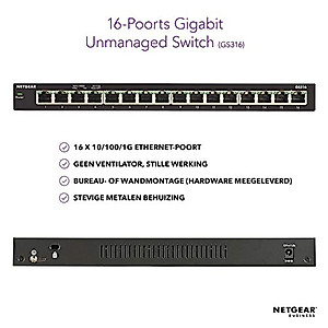 Netgear 16-Port GB UNMANAGED Switch, GS316-100PES