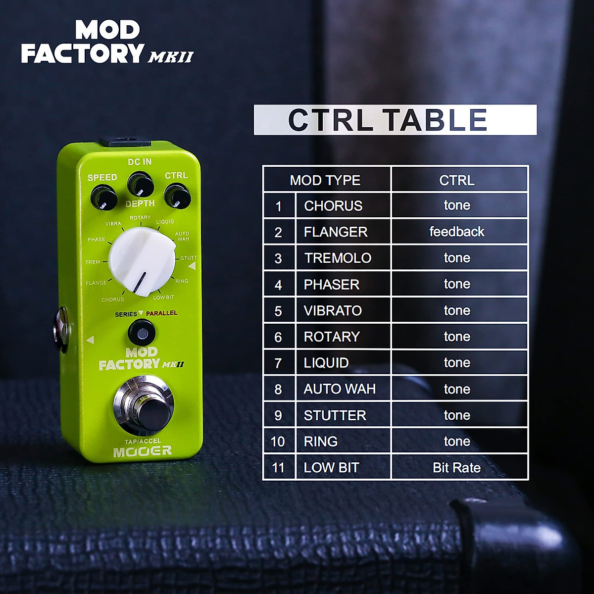 MOOER MOD Factory MKII with 11 Different Modulation Effects, Chorus, Flange, Tremolo, Phase, Low-bit, Ring Modulator, Real-time Tap Tempo, Acceleration Function