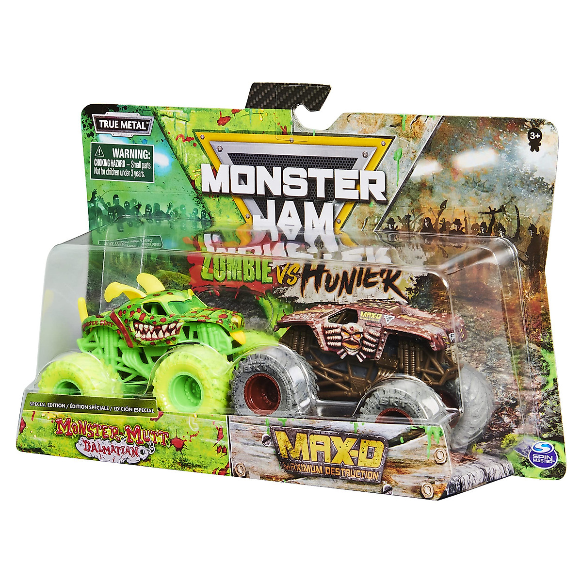 Monster Jam 2020 Zombie vs Hunter 1:64 Scale 2-Pack, Monster Mutt Dalmatian VS Max-D Maximum Destruction