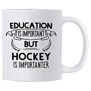 Funny Education Is Important But Hockey Is Importanter 11 oz Coffee Mug. Gift Idea For Players or Sports Fan. (White)