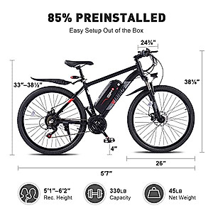 Viribus Electric Bike, 26 inch Electric Mountain Bike for Adults with Throttle, 21 Speed Electric Bicycle, 25 mph E Bike with 48V Removable Battery, Disk Brakes, Adjustable Seat, eBike Men Women