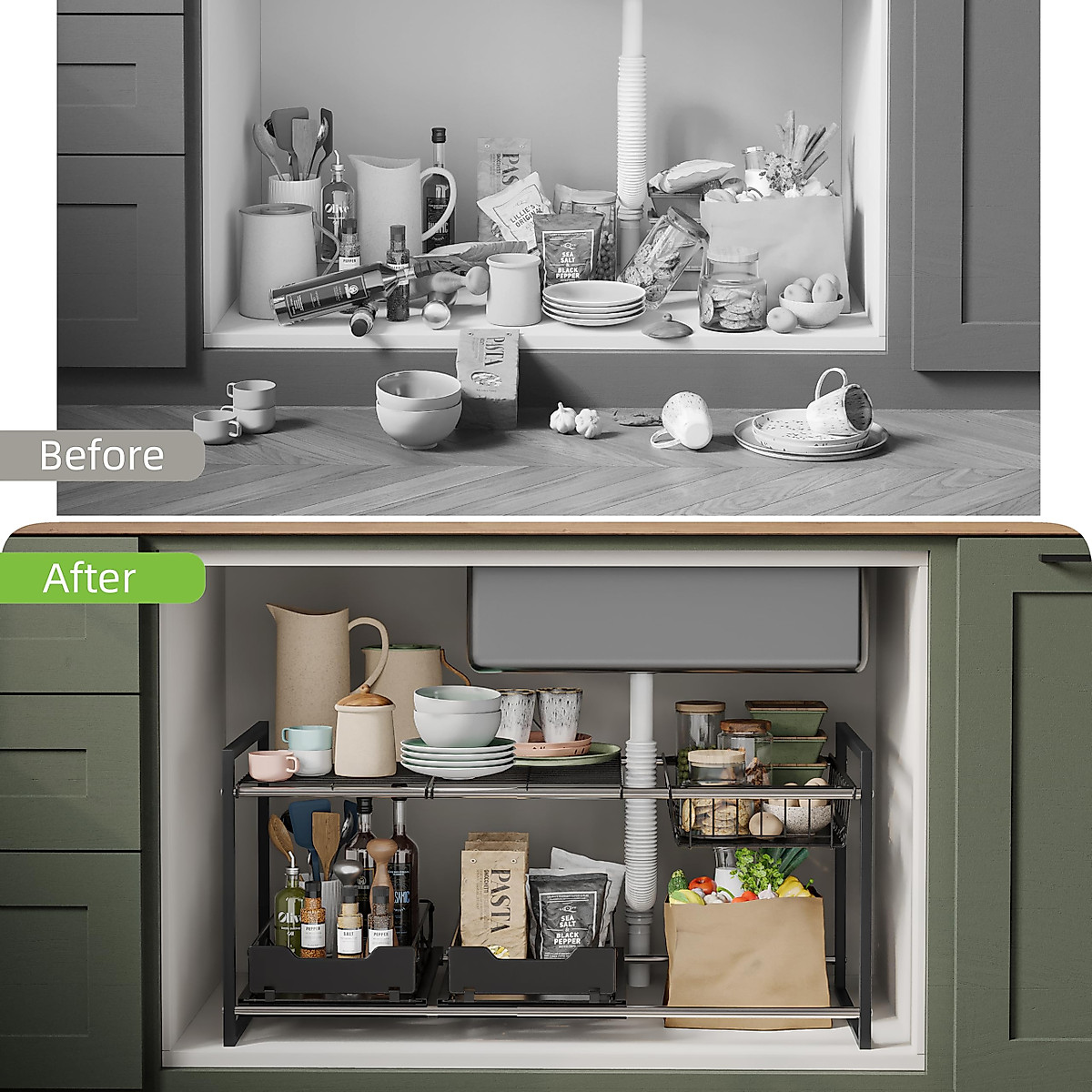 NETEL Under Sink Organizer, Expandable Cabinet Shelf Organizer 2 Tier Under Bathroom Storage Rack with Removable Panels,Multi-Use for Under Kitchen Bathroom Sink Organizers and Storage