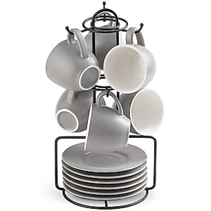 YHOSSEUN Espresso Cups with Saucers Set with Cup Holder 4 oz Cappuccino Cups Set of 6 Porcelain Espresso Cups Set and Metal Stand 3 OZ Demitasse Cup