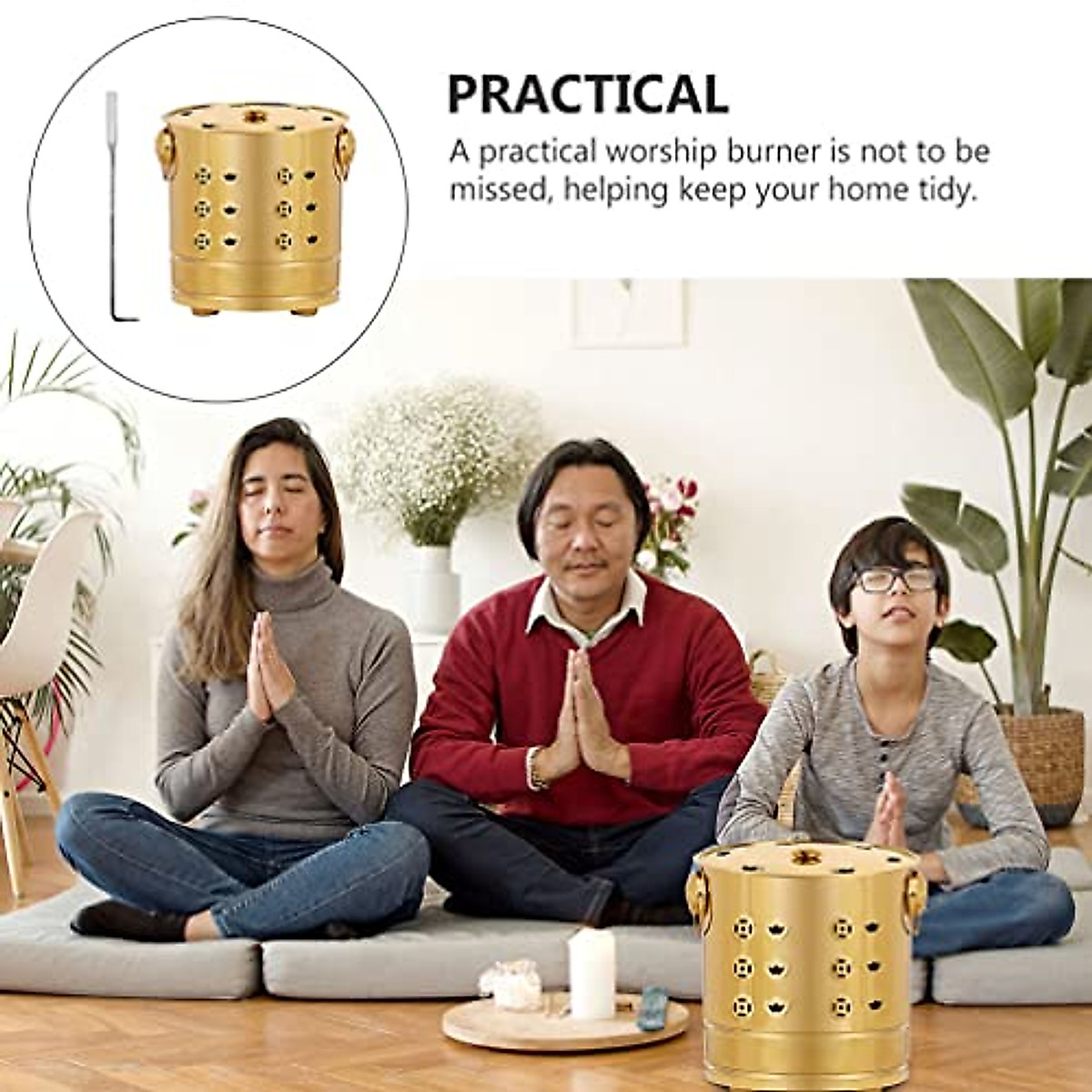 YARNOW 1 Set Metal Incinerator Cage Fire Pit Bucket with Burning Tongs Chinese Fortune Treasure Basin Ash Bucket Joss Paper Bucket with Lid for Yard Garden Golden