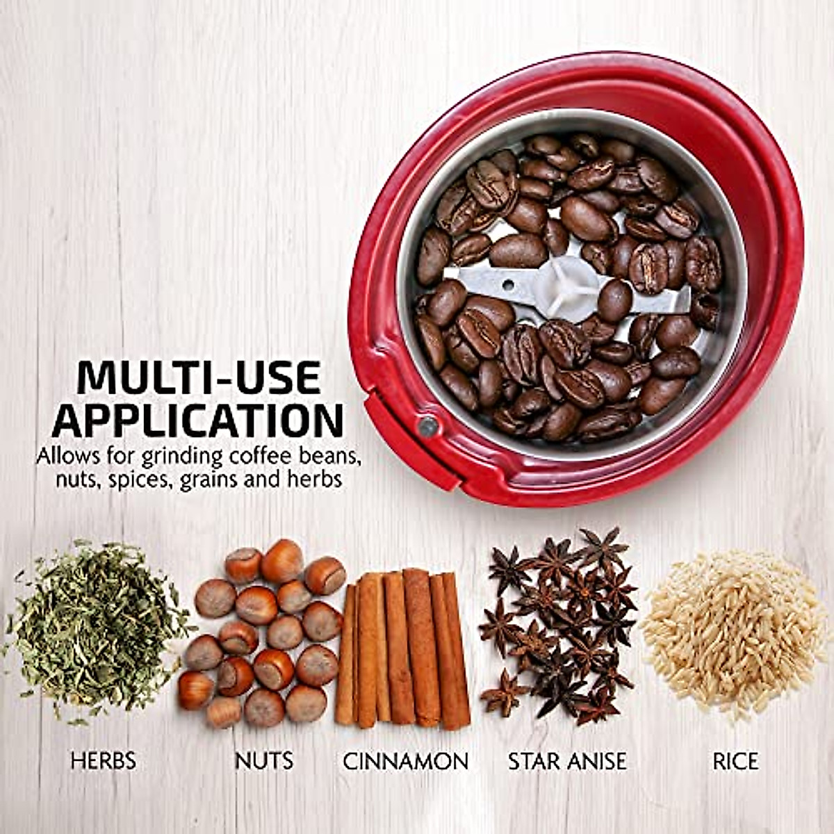 OVENTE Electric Coffee Grinder - Small Portable & Compact Grinding Mill with Stainless Blade for Bean Spices Herb and Tea, Perfect for Home & Kitchen - Maroon CG225M