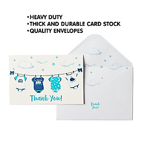 All Ewired Up 50 Boxed Set Clothesline Onesie Boy Thank You Cards for Baby Shower with Designed Envelope and Matching Seals