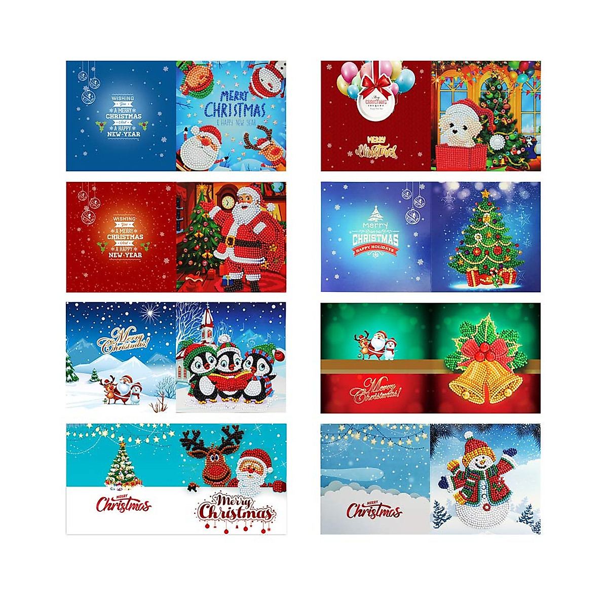 8-Pack Christmas Cards 5D DIY Diamond Painting for Adults Kids, Santa Claus Penguin Snowman The Christmas Tree, Art Round Diamond, Greeting, Thank You, Card Creativity for Holiday Family and Friends