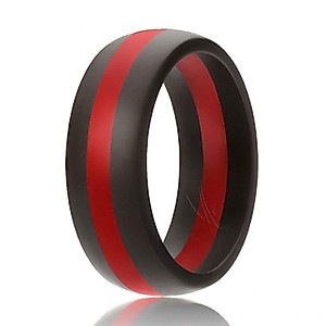 ROQ Silicone Rubber Wedding Ring for Men, Comfort Fit, Men's Wedding Band, Breathable Rubber Engagement Band, 8mm Wide 2mm Thick, Dome Style Middle Line, Solid Stripes, Single, Black & Red, Size 8