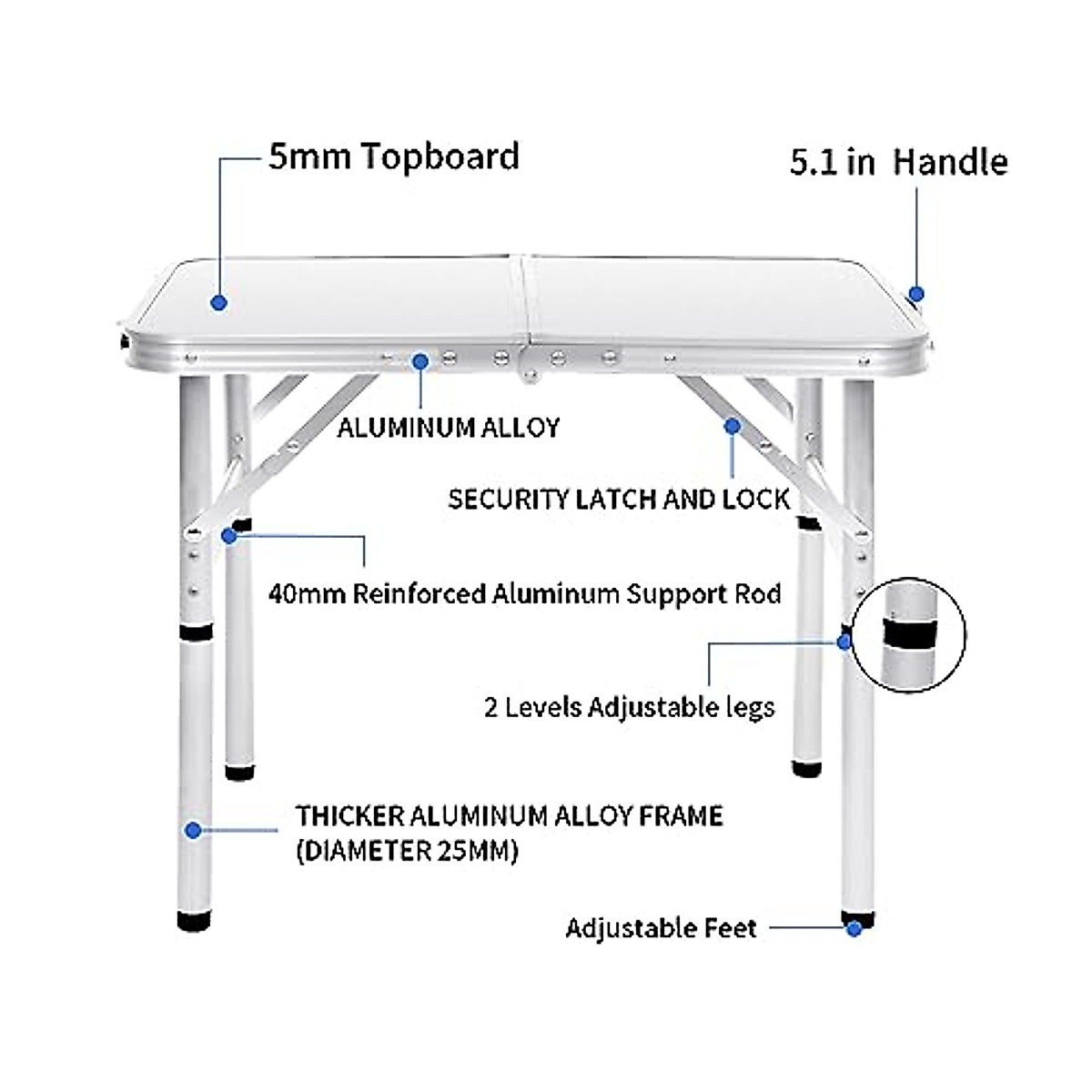 Moosinily 2 Feet Outdoor Folding Table Aluminum Lightweight Small Picnic Table Ajustable Height Portable Table with Carry Handle for Beach, Picnic, Indoor, White