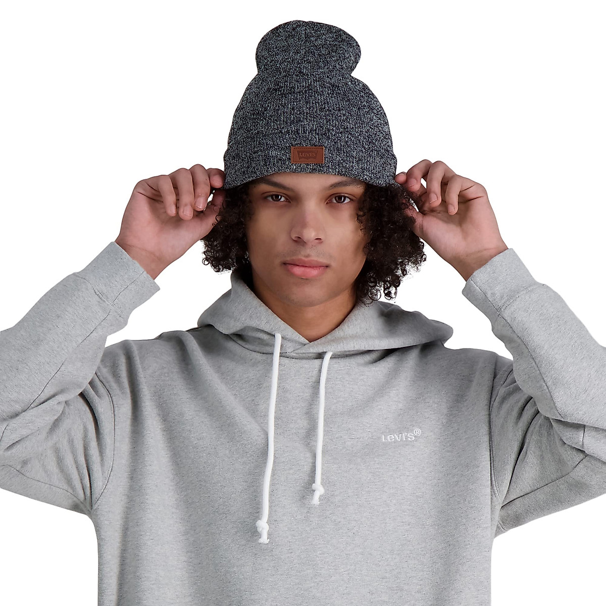 Levi's Unisex Adult All Season Comfy Leather Logo Patch Cuffed Hero Beanie Hat, Marled Grey