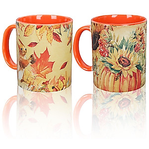 Whaline 12oz Fall Thanksgiving Coffee Mugs Autumn Pumpkin Print Ceramic Cups Watercolor Squirrel Sunflower Mug for Fall Home Birthday Gift Family Supplies,Set of 2