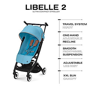 Cybex Libelle Lightweight pockit Travel Baby Stroller - Carry-On Compliant Compact Fold, One-Hand Adjustable Recline - Compatible with CYBEX Car Seats, Beach Blue