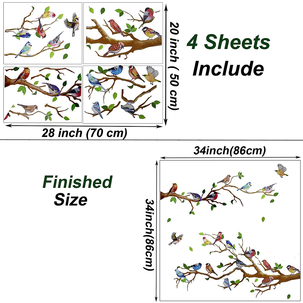 Maydahui Little Birds on Tree Branches Wall Decal Vinyl Wall Sticker (34 x 34 Inch) Removable Peel and Stick Art Murals Decor for Bedroom Offices Classroom Living Room Background