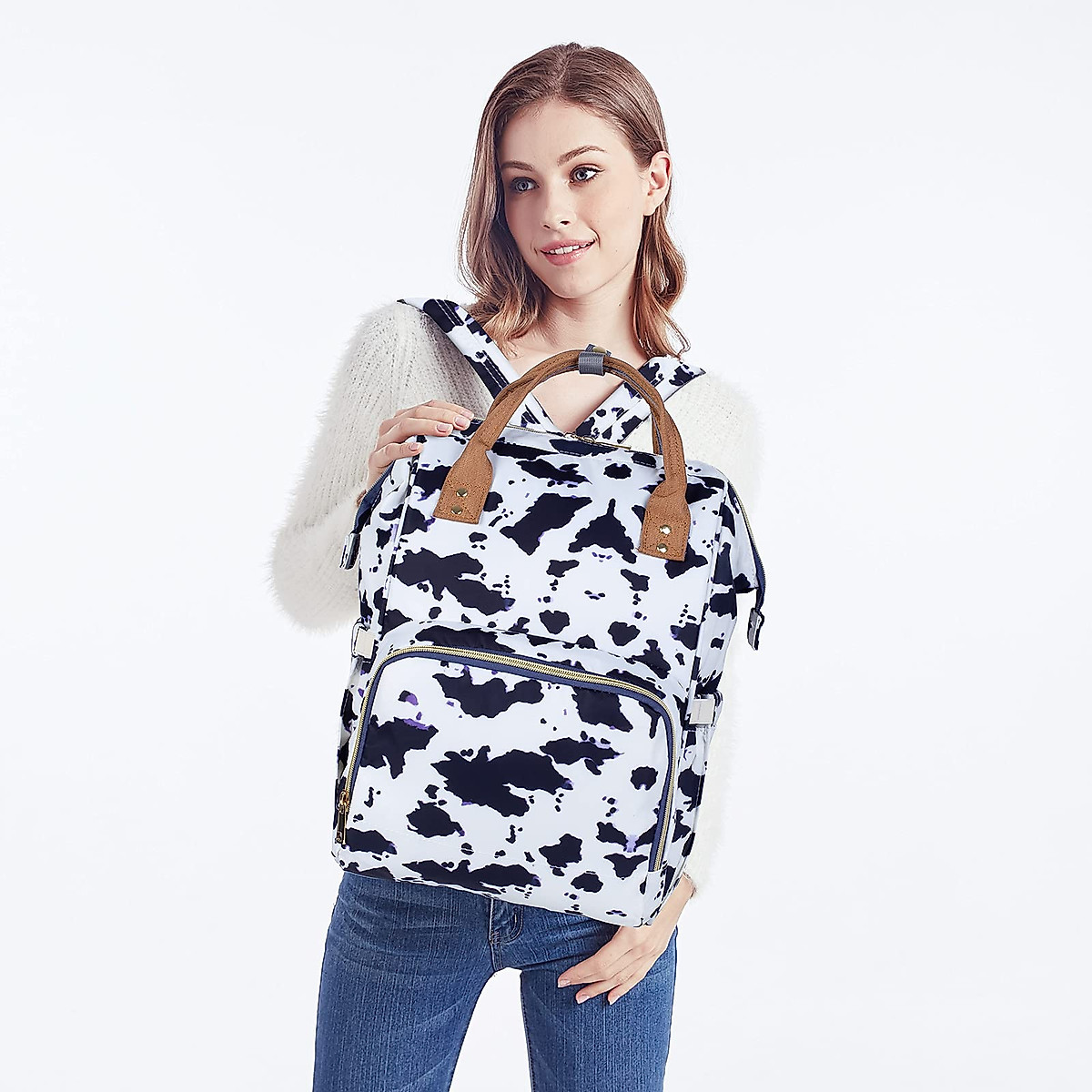 LIMHOO 4 in 1 Diaper Bag Backpack Set for Baby Girls Mom Large Capacity Waterproof Baby Care Bag Multi-Function Nappy Bag (Cow)