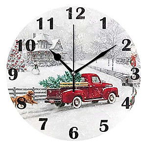Pfrewn Winter Red Truck Dog Wall Clock Silent Non Ticking Snowman Snowflake Clocks Battery Operated Vintage Desk Clock 10 Inch Quartz Analog Quiet Bedroom Living Room Home Decor