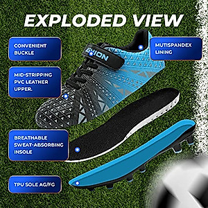 ASHION Unisex-Kids Soccer Cleats for Boys Girls Turf Firm Ground No-Tie Football Shoes Durable Black/Blue