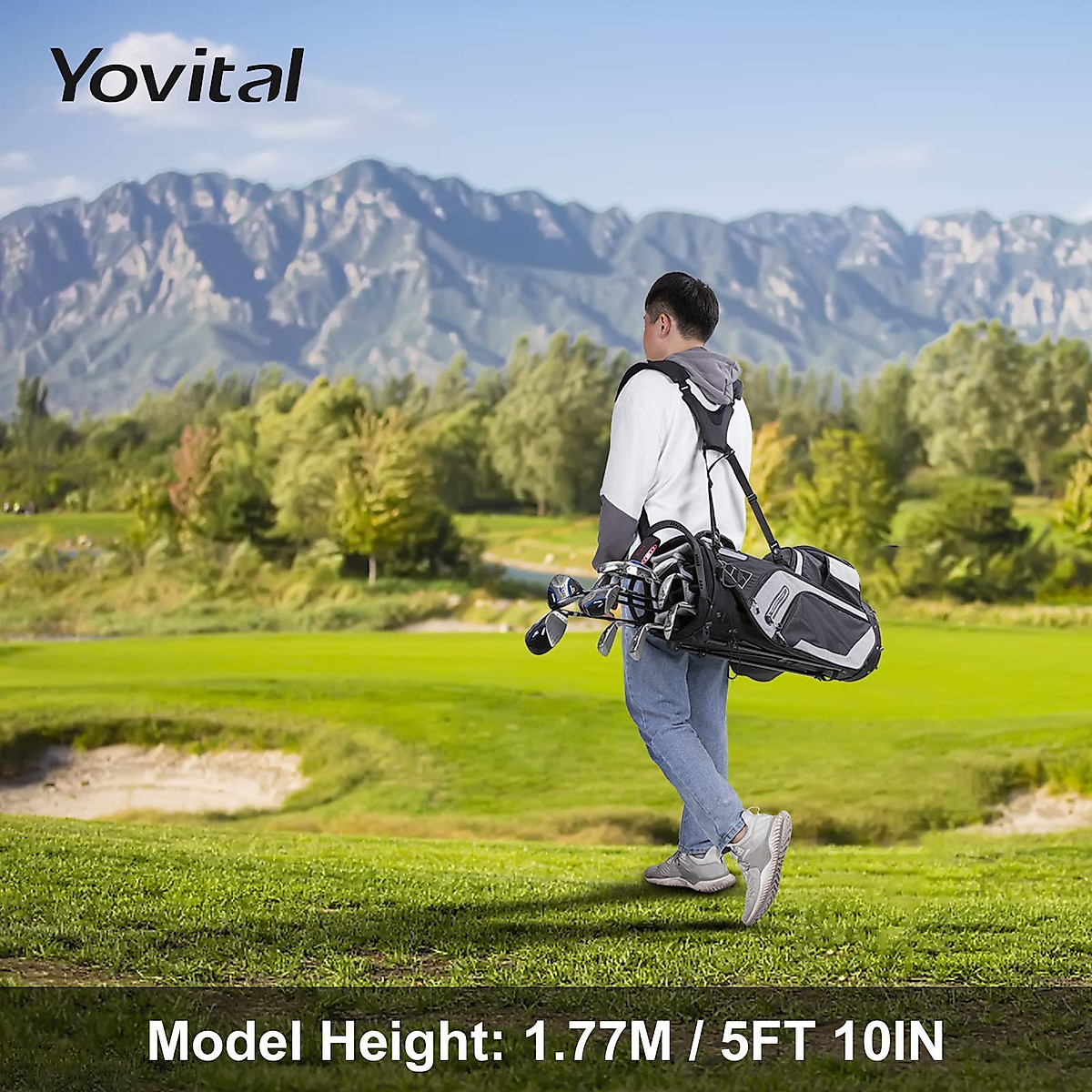 Yovital Golf Stand Bag 14 Way Top Dividers Ergonomic with Stand 8 Pockets, Dual Strap, Rain Hood (Black)