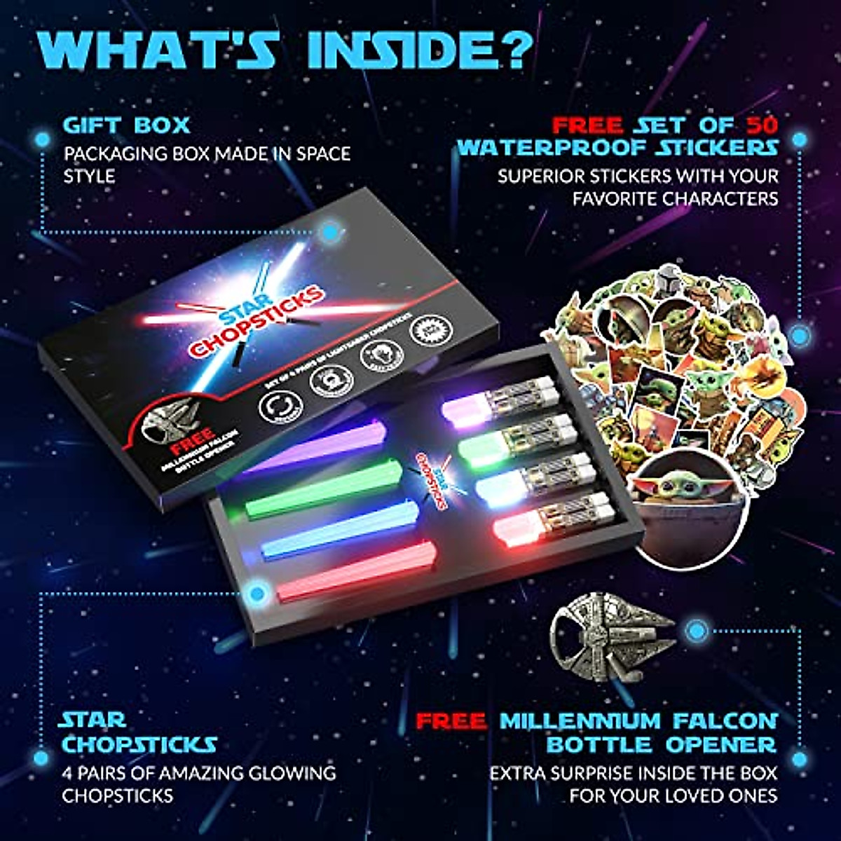 STAR CHOPSTICKS | FREE BOTTLE OPENER & STICKERS | 4 PAIRS DARK BOX | Lightsaber Chopsticks | Star Wars Gifts and Toys for Kids | LED Light Up Reusable Chopstick