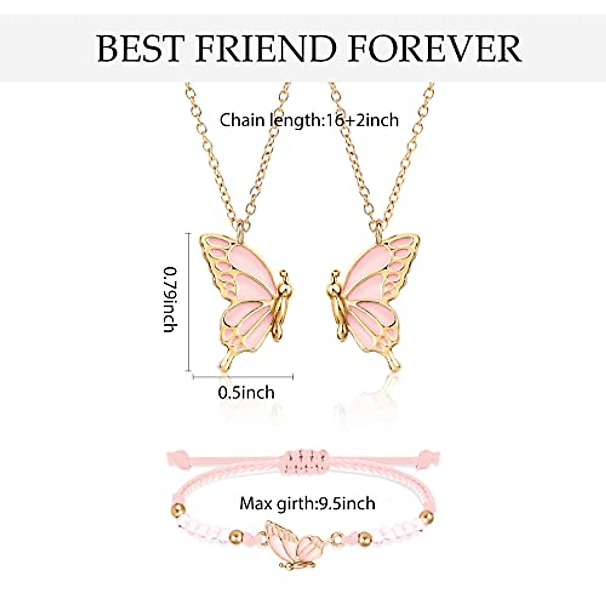 LASPERAL Butterfly Friendship Necklace BFF Necklaces for 2 Girls Best Friend Matching Necklaces Set with 4 Adjustable Woven Bracelets, Long Distance BFF Necklace Charm Friendship Jewelry for Womens