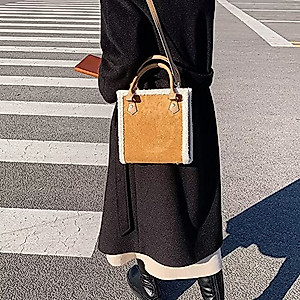 Mudono Handbags for Women Small Suede Tote Bag Square Crossbody Shoulder Purse with Faux Shearling Trim and Detachable Strap