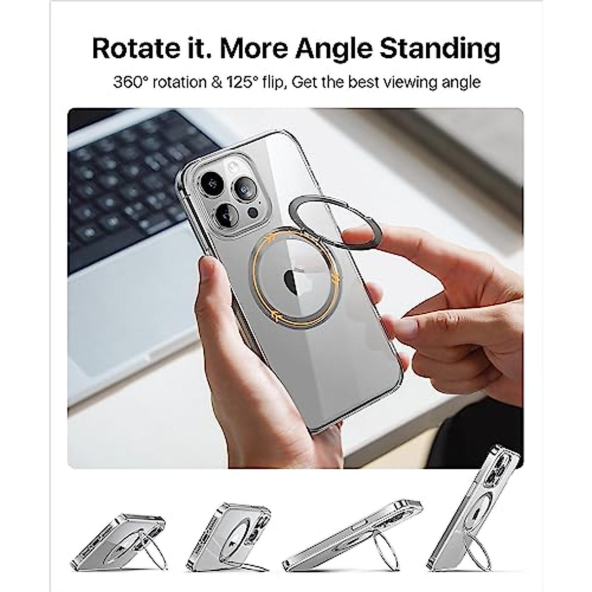 andobil [Upgraded] for iPhone 14 Pro Max Clear Case with 360° Rotatable Ring Stand [Compatible with MagSafe] [Military Grade Protection] Magnetic Invisible Kickstand, Ultra Clear