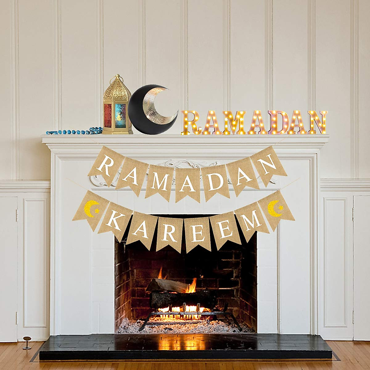 2 Pack Ramadan Kareem Banner Burlap - Ramadan Kareem Decorations - Rustic Ramadan Kareem Bunting Banner for Mantle Fireplace - Ramadan Party Decor Supplies